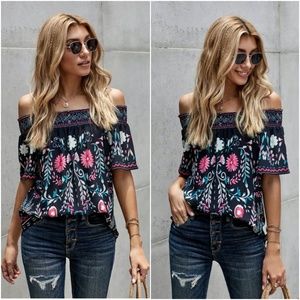 Tops | Boho Off Shoulder Floral Top Black | Poshmark
